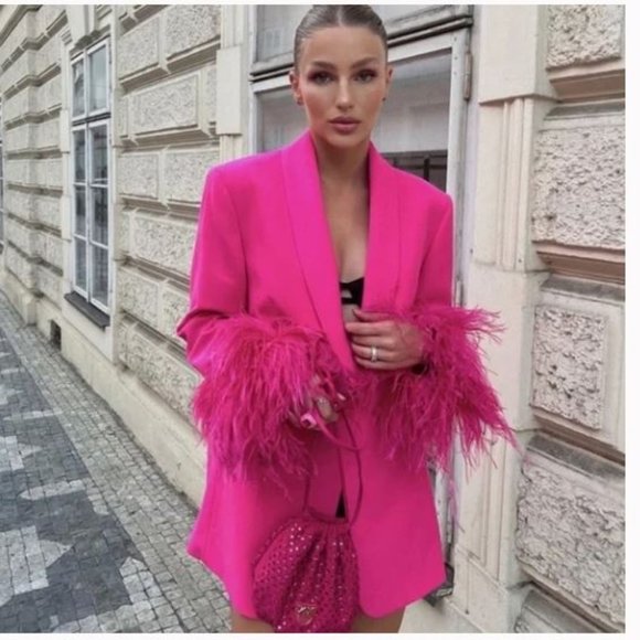 Zara | Jackets & Coats | Zara Pink Feather Blazer | Poshmark